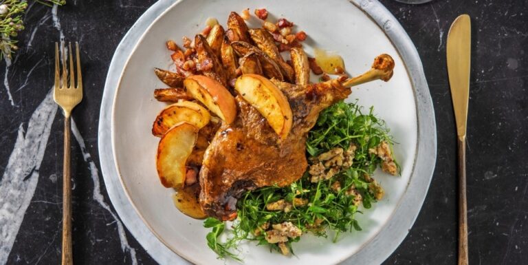 Duck leg confit with bacon potatoes and caramelised apples recipe